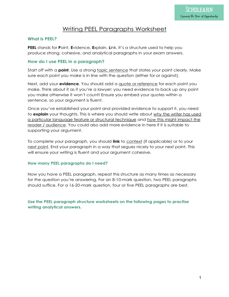 PEEL Paragraph Writing Worksheet: Improve Essay Skills