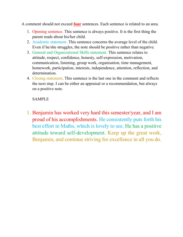 Student Comment Writing Guidelines: 4-Sentence Structure & Sample