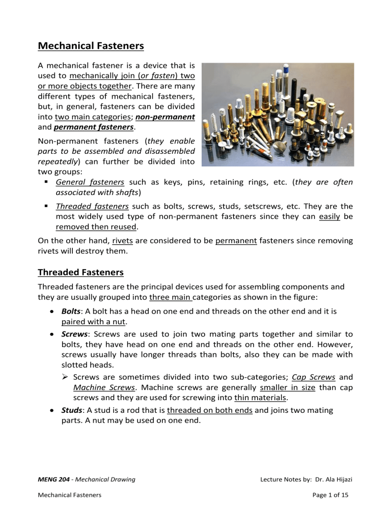 Mechanical Fasteners: Types, Standards, and Terminology - Lecture Notes