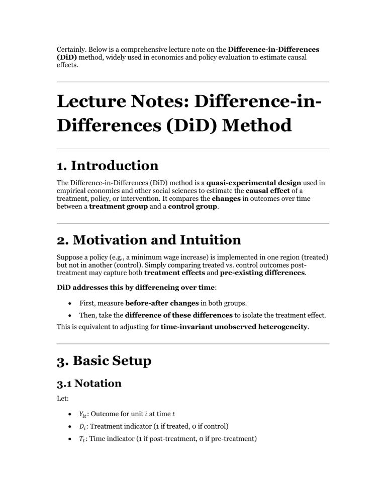 Difference-in-Differences (DiD) Method: Lecture Notes on Causal Inference