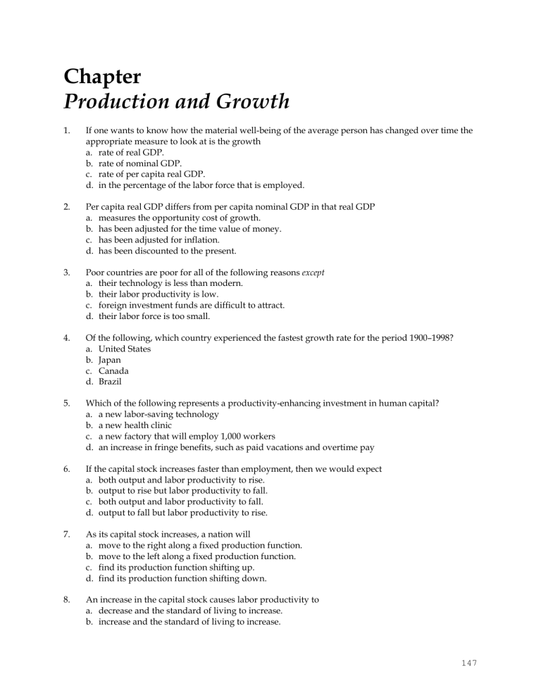 Economics Production & Growth Quiz: GDP, Productivity, Capital