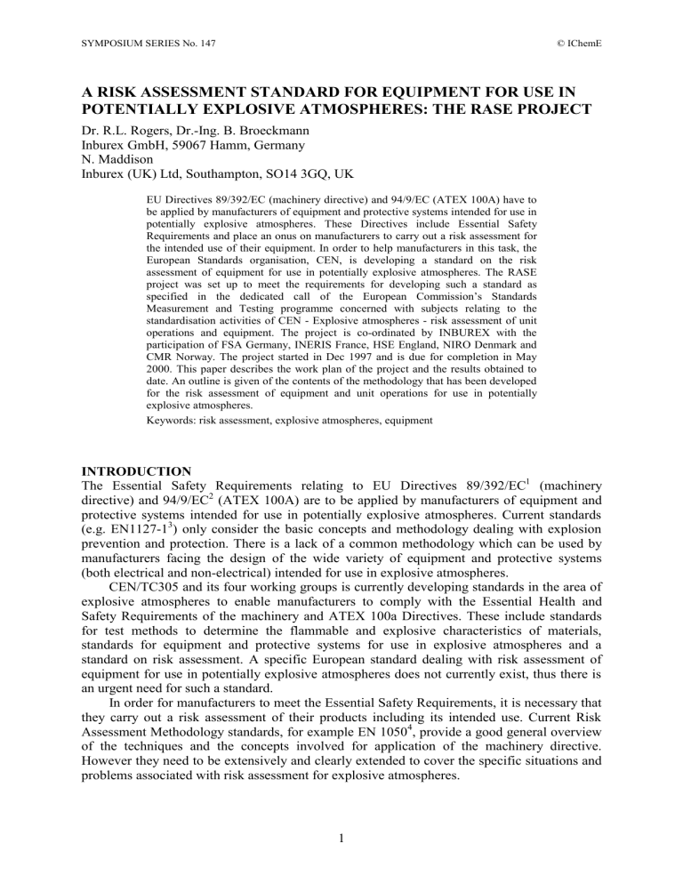 RASE Project: Risk Assessment Standard for Explosive Atmospheres Equipment