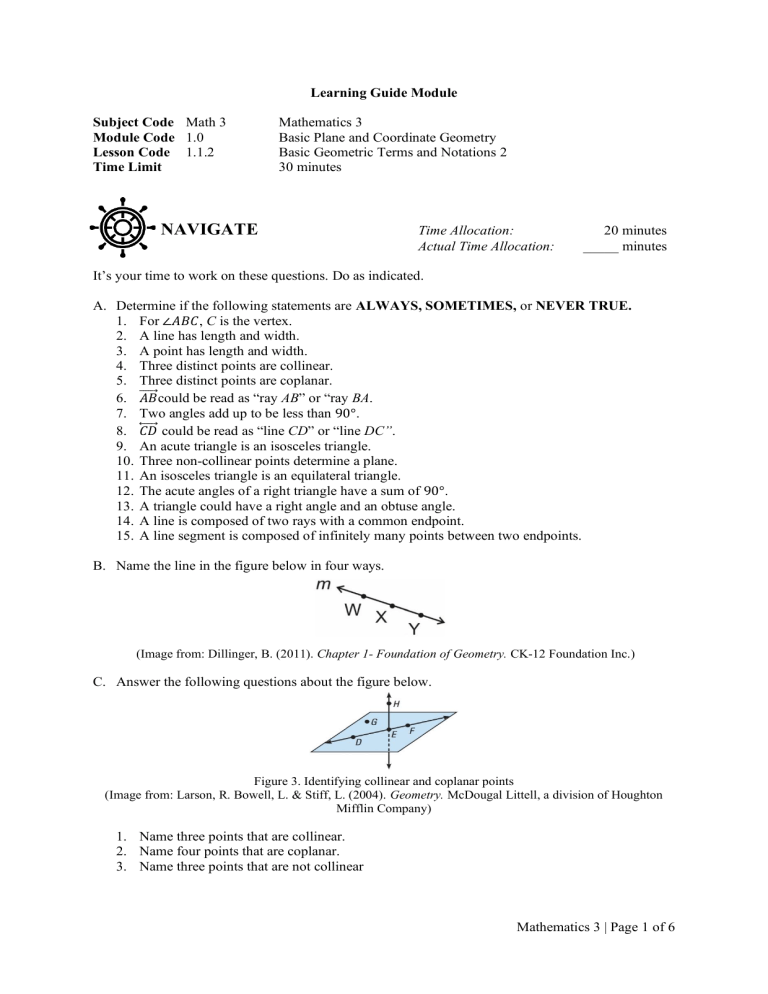 Math 3 Geometry Learning Guide: Basic Terms & Notations Module