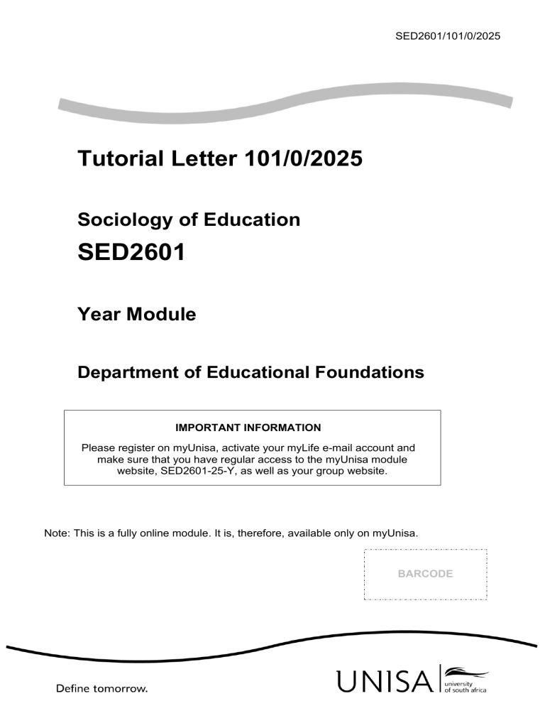 SED2601 Sociology of Education: Unisa Tutorial Letter