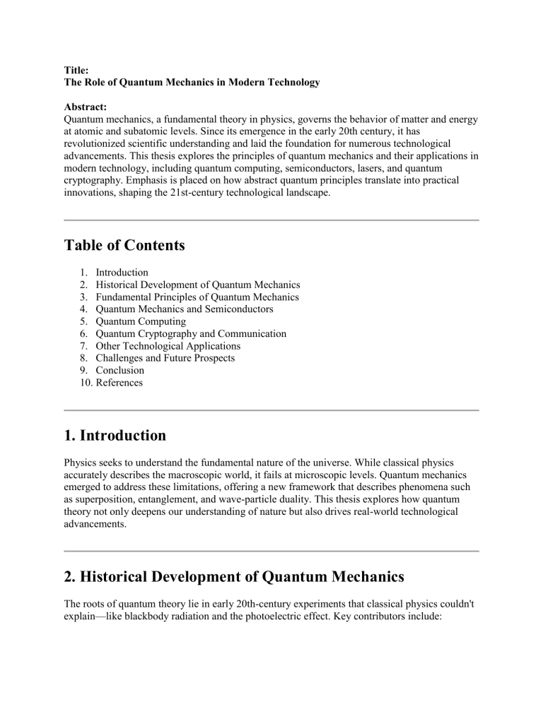 Quantum Mechanics in Modern Technology: Principles & Applications
