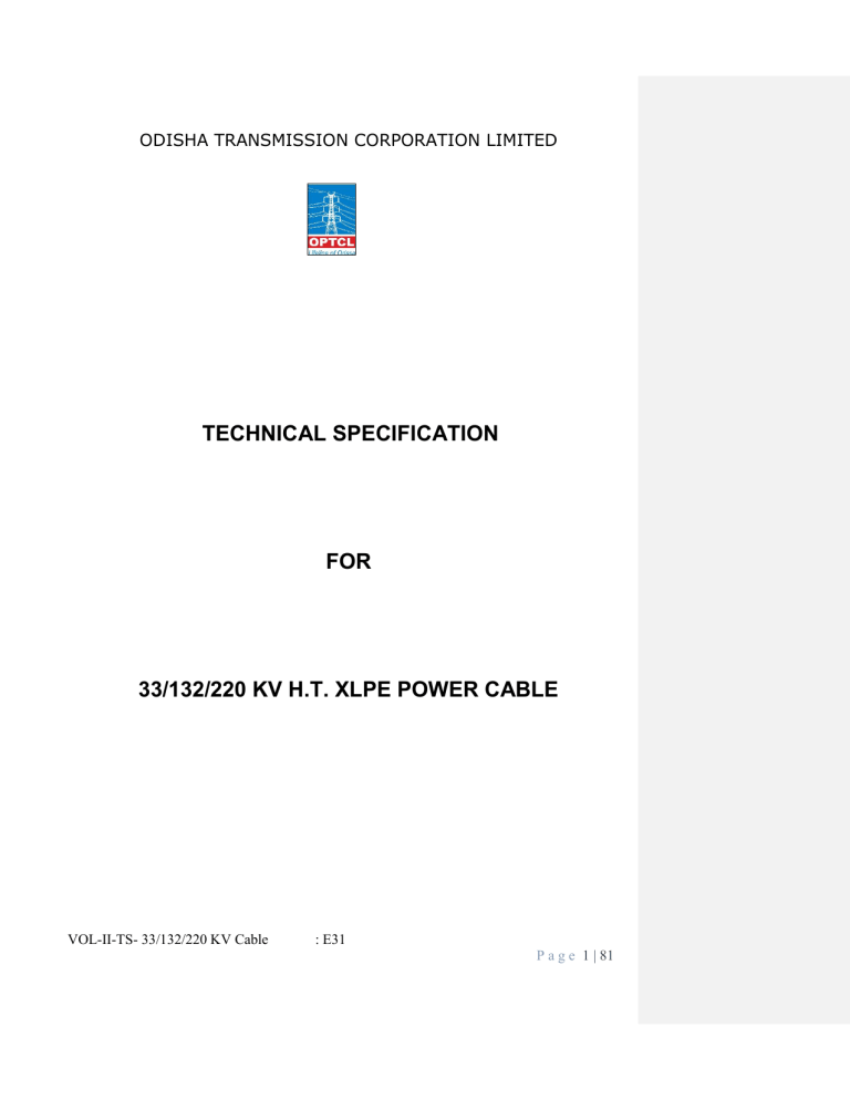 33/132/220 KV XLPE Power Cable Technical Specification