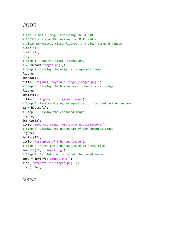 MATLAB Image Processing Lab: Histogram Equalization for ECE359