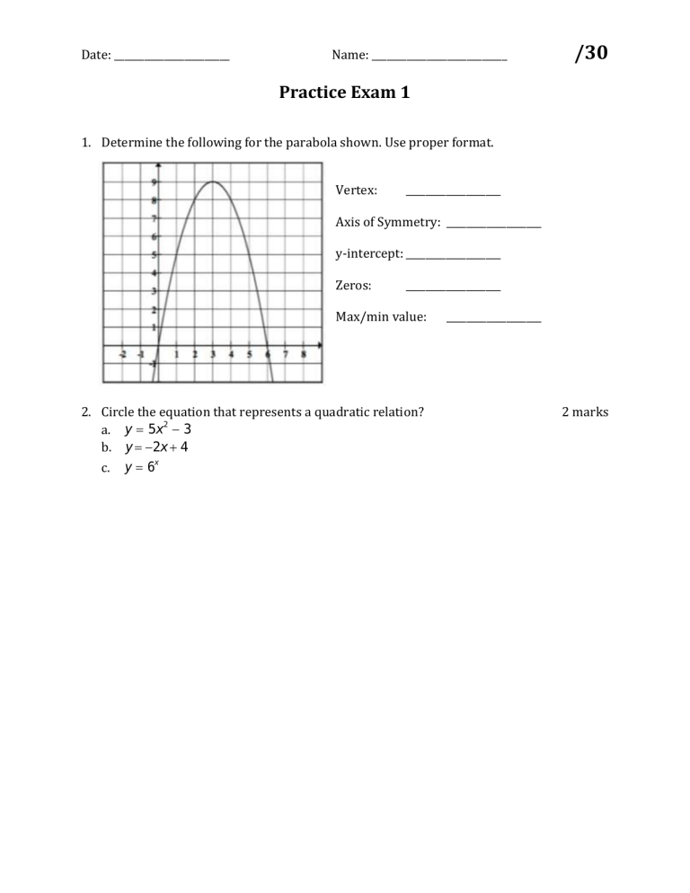 High School Math Practice Exam: Quadratics, Factoring, Geometry