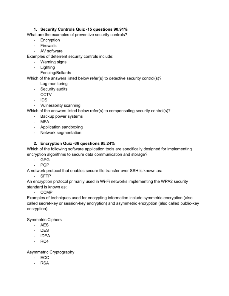 Cybersecurity Quizzes: Security Controls, Encryption, Hashing & More