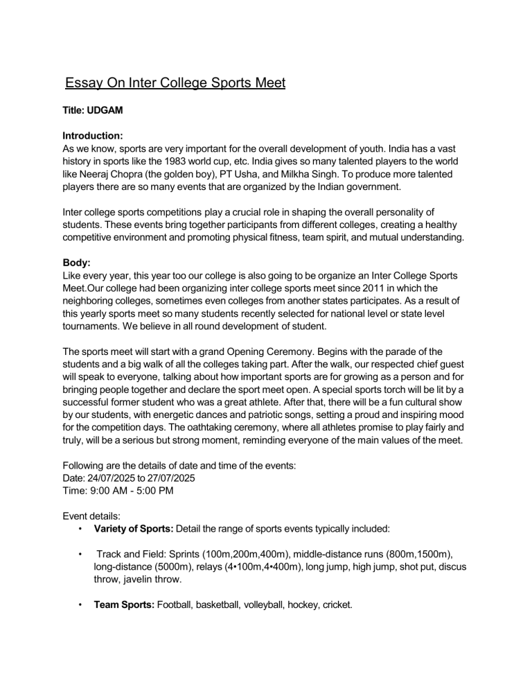 Inter College Sports Meet Essay: UDGAM - Youth Development & Sportsmanship