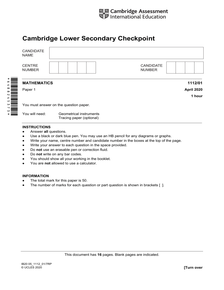 Cambridge Lower Secondary Checkpoint Mathematics Paper 1 Exam 2020