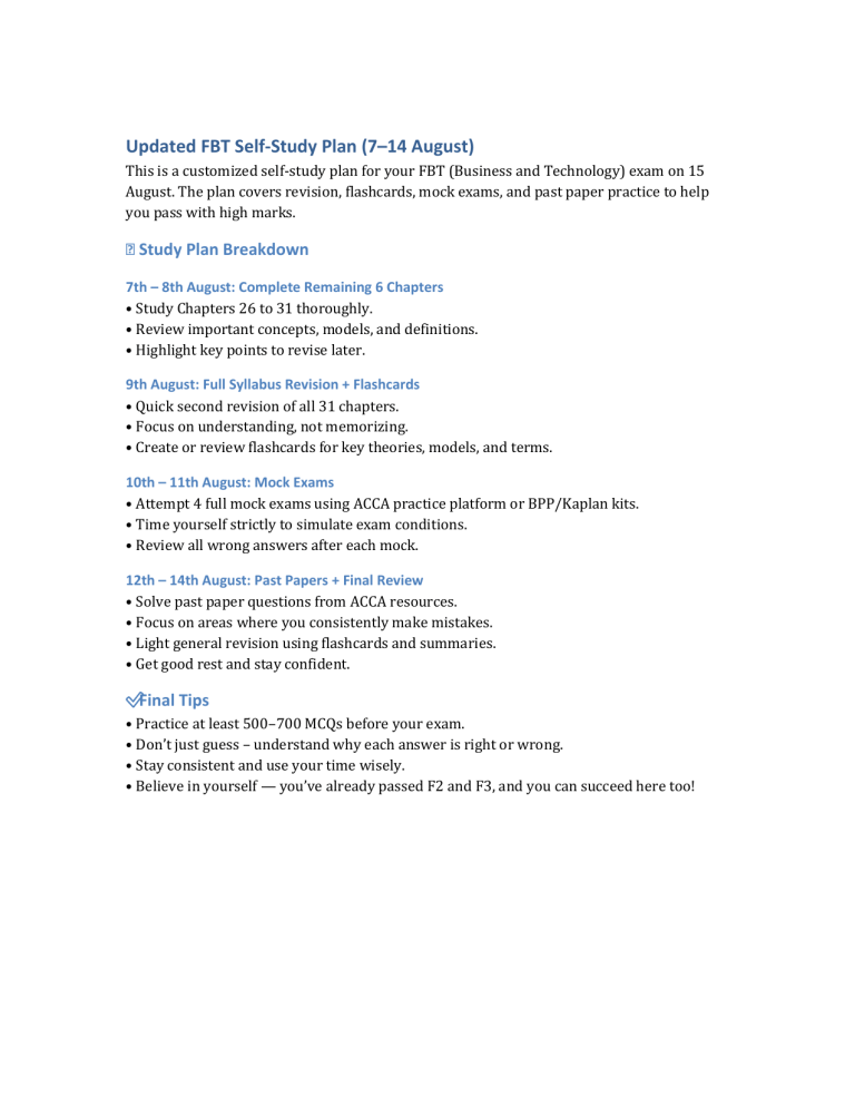 ACCA FBT Exam Study Plan (7-14 August)