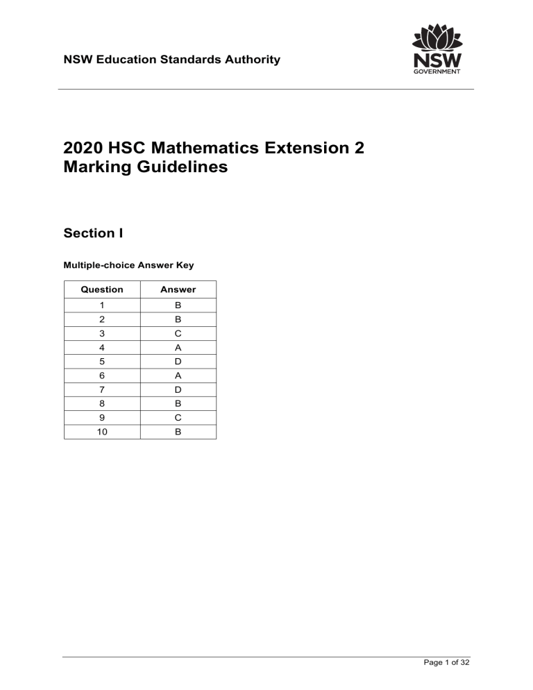 2020 HSC Mathematics Extension 2 Marking Guidelines & Answer Key