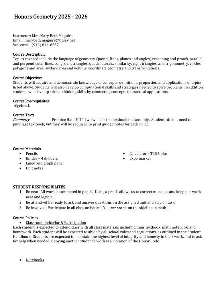 Honors Geometry 2025-2026 Syllabus | Course Description & Policies