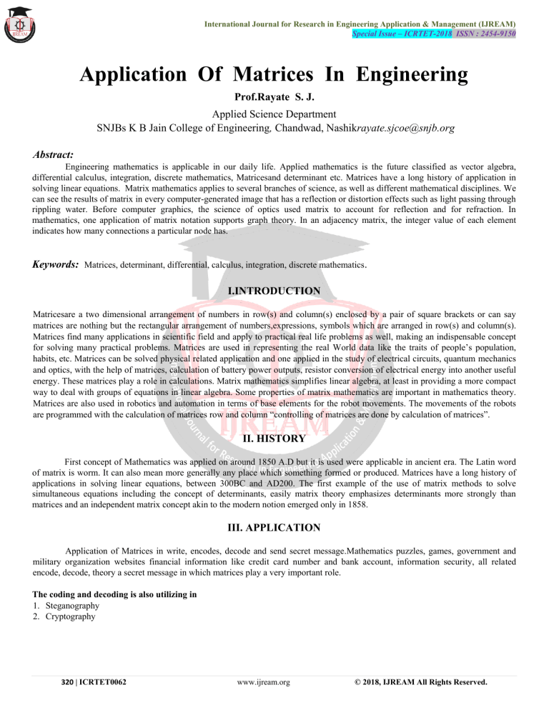 Application of Matrices in Engineering: History & Cryptography