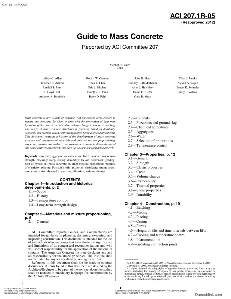 ACI 207.1R-05 Guide to Mass Concrete: Properties & Construction