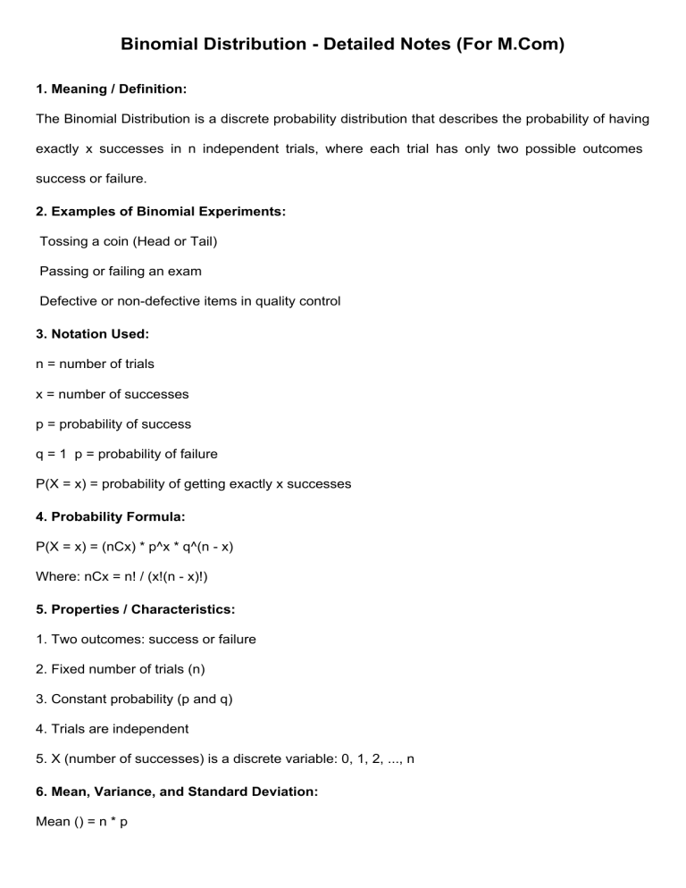 Binomial Distribution: Detailed Notes for M.Com Students