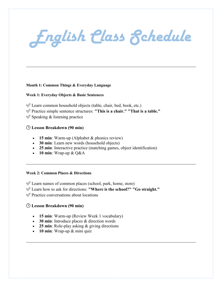 English Class Schedule: Beginner ESL Curriculum & Lesson Plan