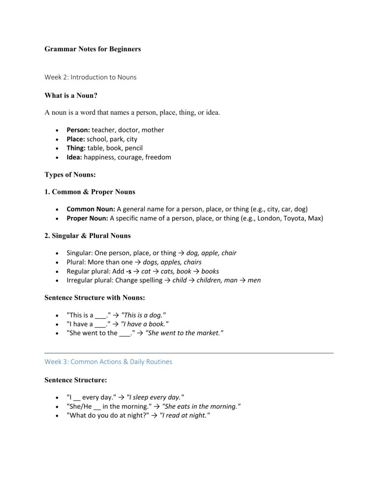Grammar Notes for Beginners: Nouns, Verbs, Adjectives & Sentence Structure