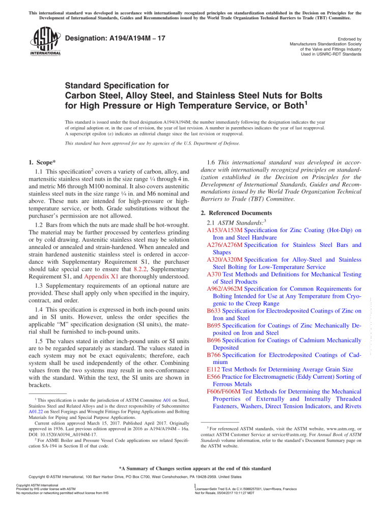 ASTM A194/A194M: Steel Nuts for High Pressure/Temperature Service