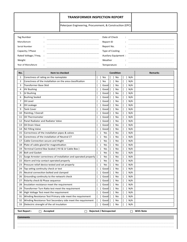 Transformer Inspection Report - EPC Checklist