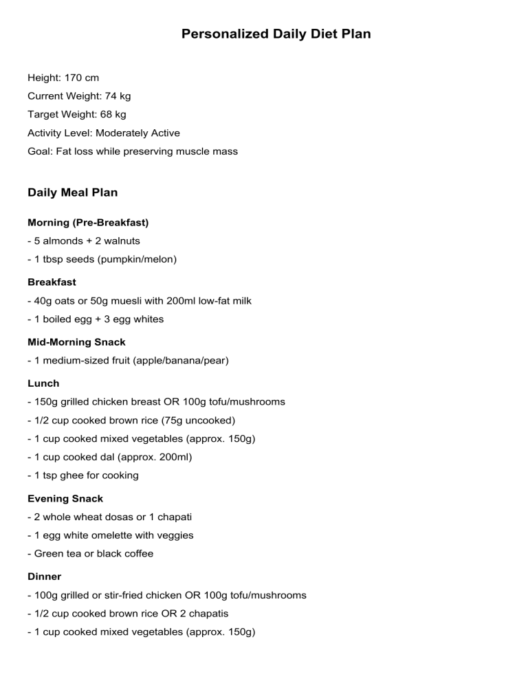 Personalized Daily Diet Plan for Fat Loss
