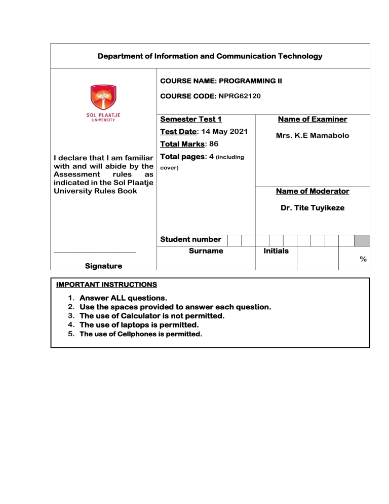 Programming II Semester Test: Java Desktop Application Design