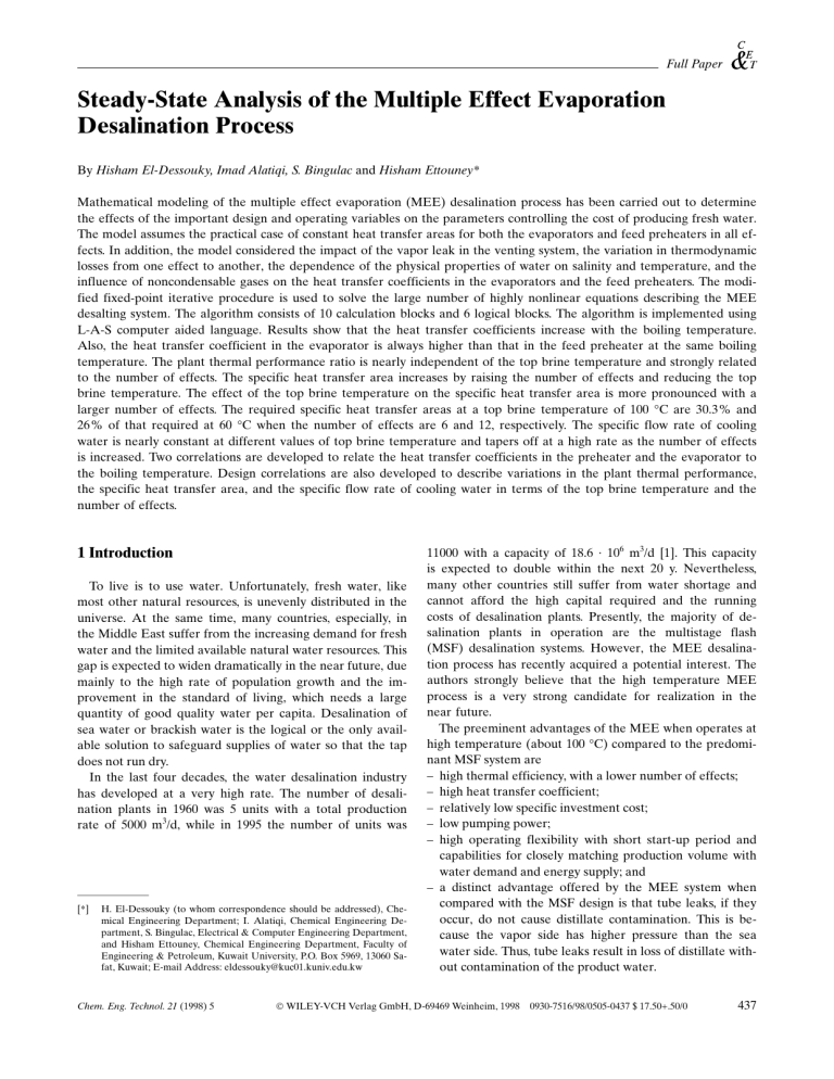 MEE Desalination Process: Steady-State Analysis & Optimization