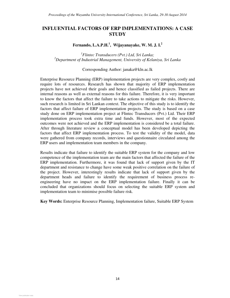 Influential Factors of ERP Implementation Failures: A Case Study