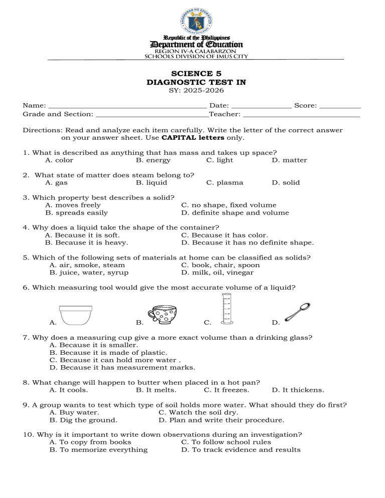 Science 5 Diagnostic Test: Elementary Science Assessment