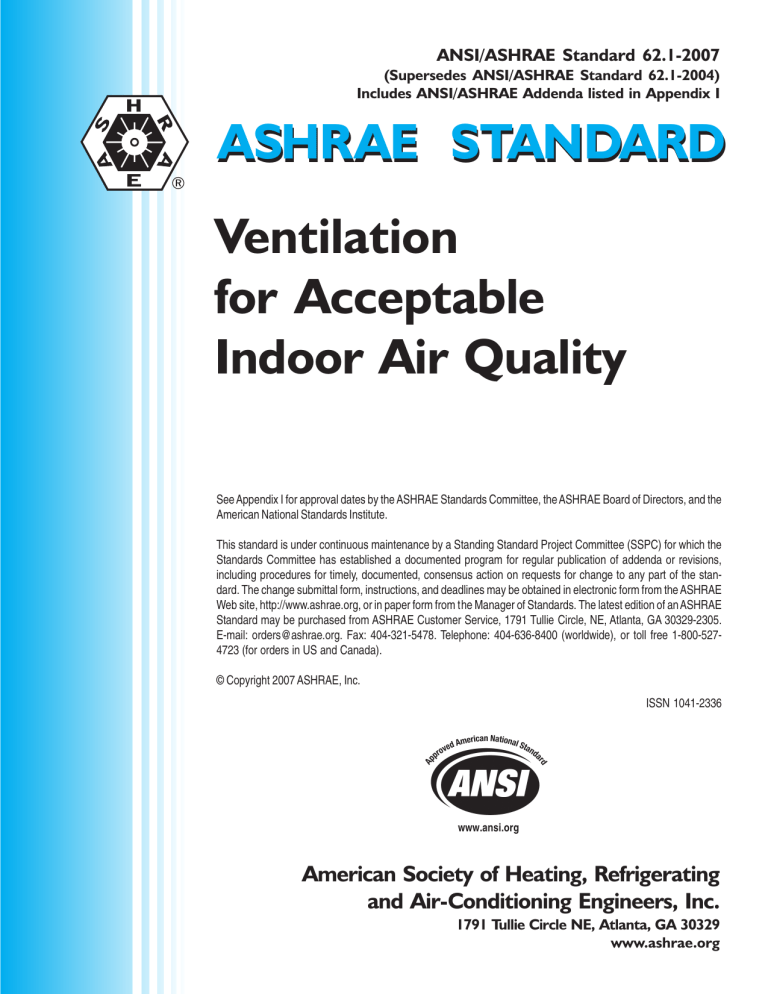 ANSI/ASHRAE Standard 62.1-2007: Ventilation for Indoor Air Quality