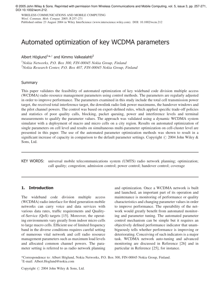 WCDMA Parameter Optimization: Automated Control Methods