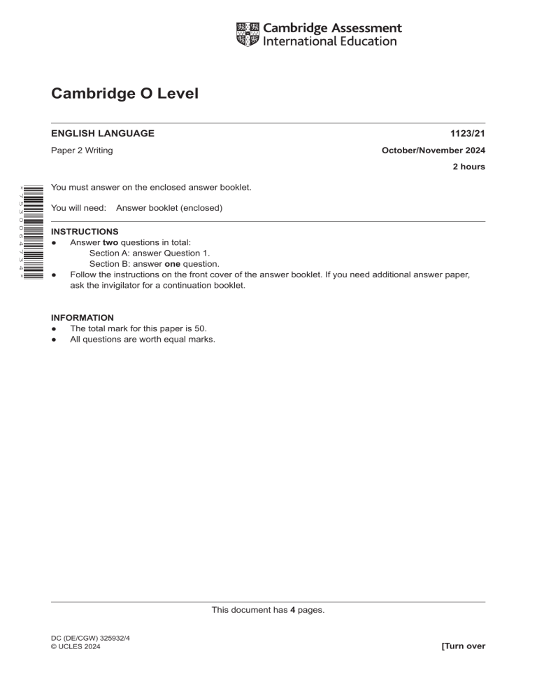 Cambridge O Level English Language Paper 2 Writing Exam 2024