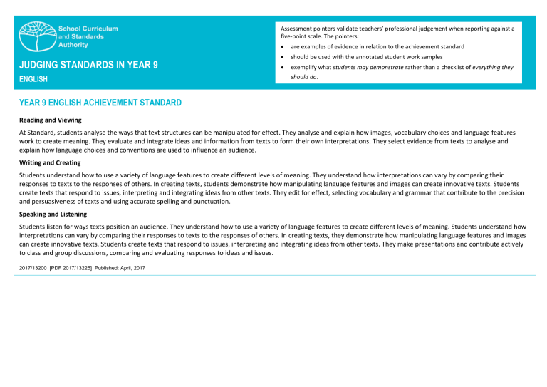 Year 9 English Assessment Pointers: Judging Standards & Achievement