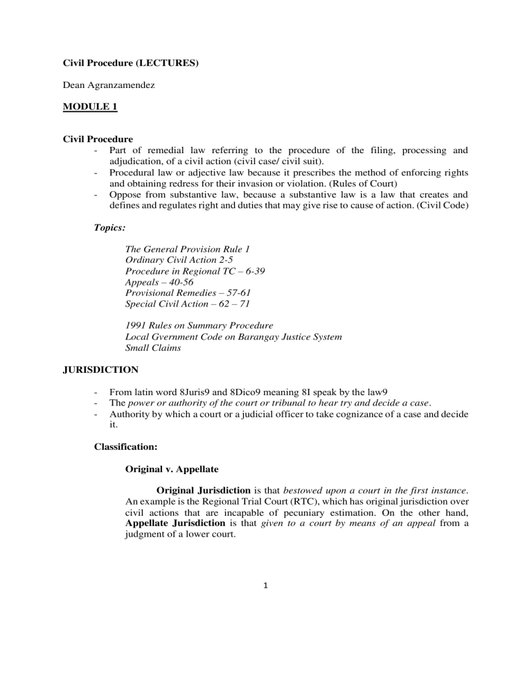 Civil Procedure Lectures: Jurisdiction & Civil Actions Explained