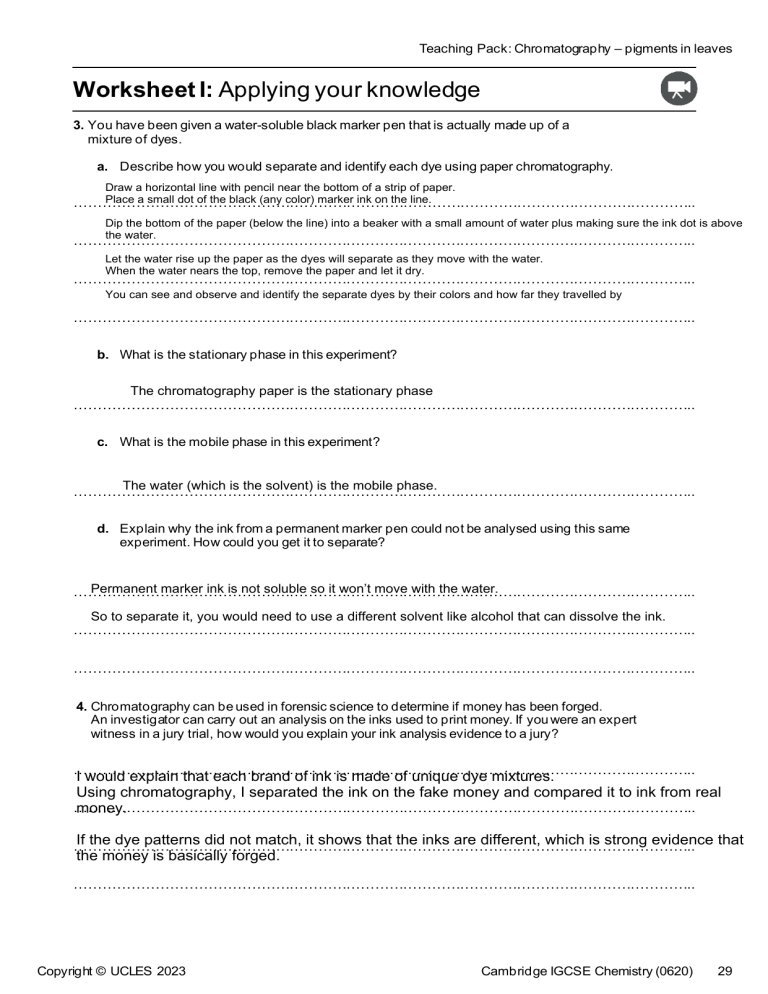 Chromatography Worksheet: Separating Dyes & Pigments (IGCSE Chemistry)