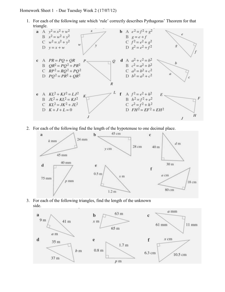 Pythagoras Theorem Homework Sheet 1 - Right Triangle Problems