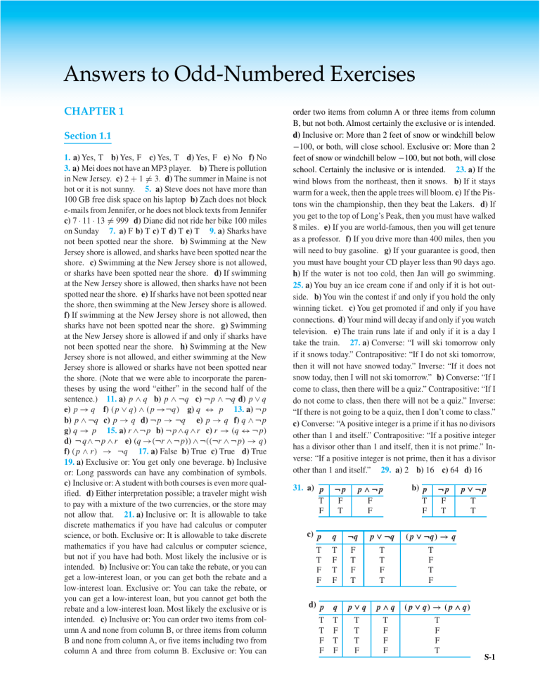 Discrete Math: Answers to Odd-Numbered Exercises - Chapter 1.1 Logic