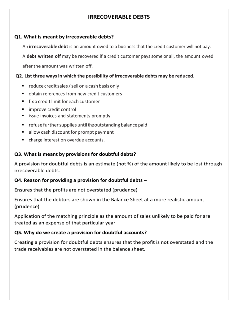 Irrecoverable Debts & Doubtful Debts Provision: Accounting Guide