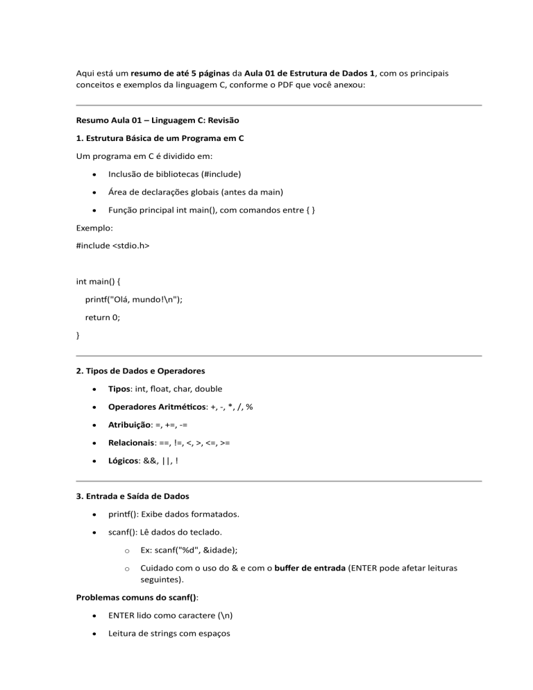 Estruturas de Dados 1: Revisão da Linguagem C - Notas de Aula