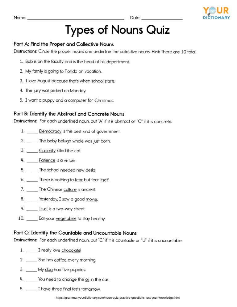Types of Nouns Quiz: Proper, Collective, Abstract, Concrete