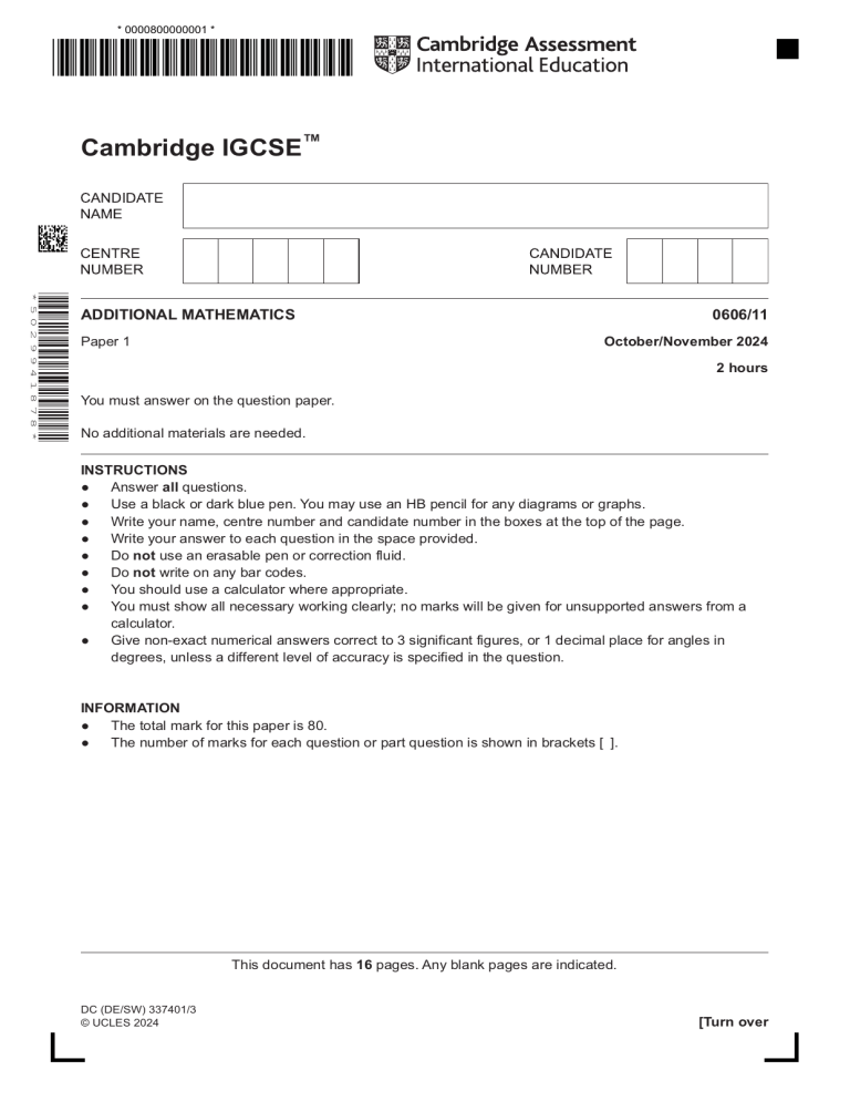 Cambridge IGCSE Additional Mathematics Paper 1 (2024)