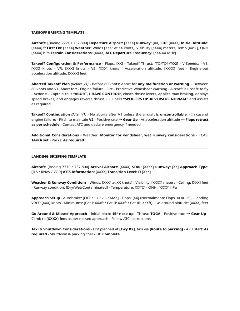 Aircraft Flight Briefing Template: Takeoff & Landing Procedures