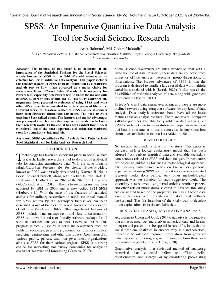 SPSS: Imperative Quantitative Data Analysis Tool for Social Science Research