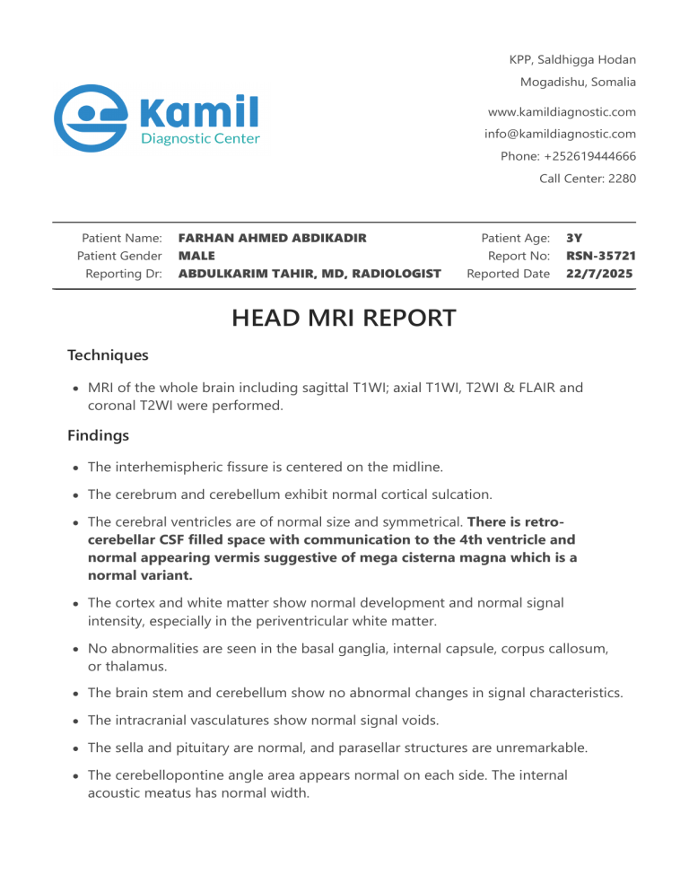 Normal Brain MRI Report - Kamil Diagnostic Center