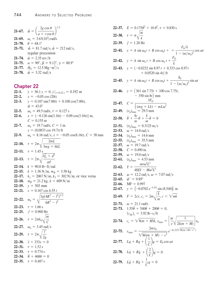 Answers to Selected Dynamics Problems - Kinematics & Kinetics