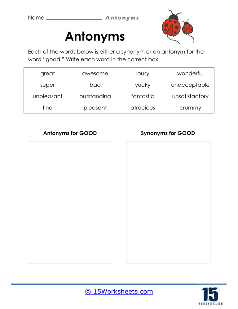Good Synonyms & Antonyms Worksheet for Kids