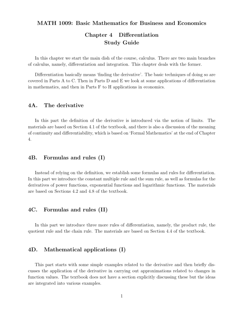 Differentiation Study Guide: Business & Economics Calculus