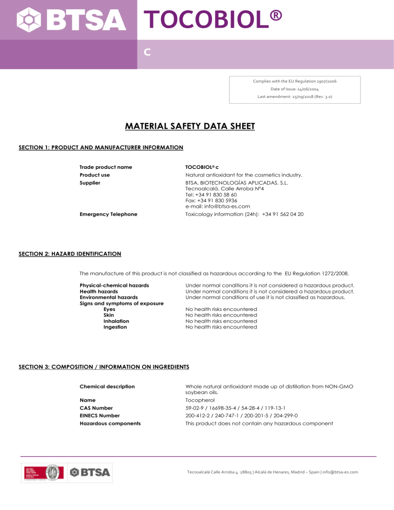TOCOBIOL® c Material Safety Data Sheet (MSDS) - Cosmetics Antioxidant