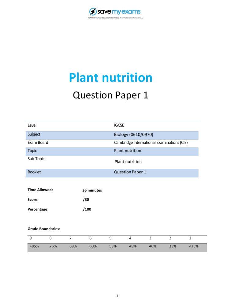 IGCSE Biology: Plant Nutrition Question Paper 1